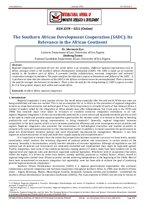 (PDF) The Southern African Development Cooperation (SADC): Its Relevance in the African Continent