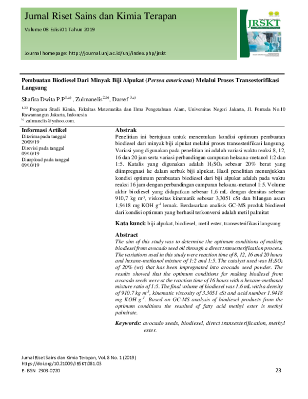 (PDF) Pembuatan Biodiesel Dari Minyak Biji Alpukat (Persea americana ...