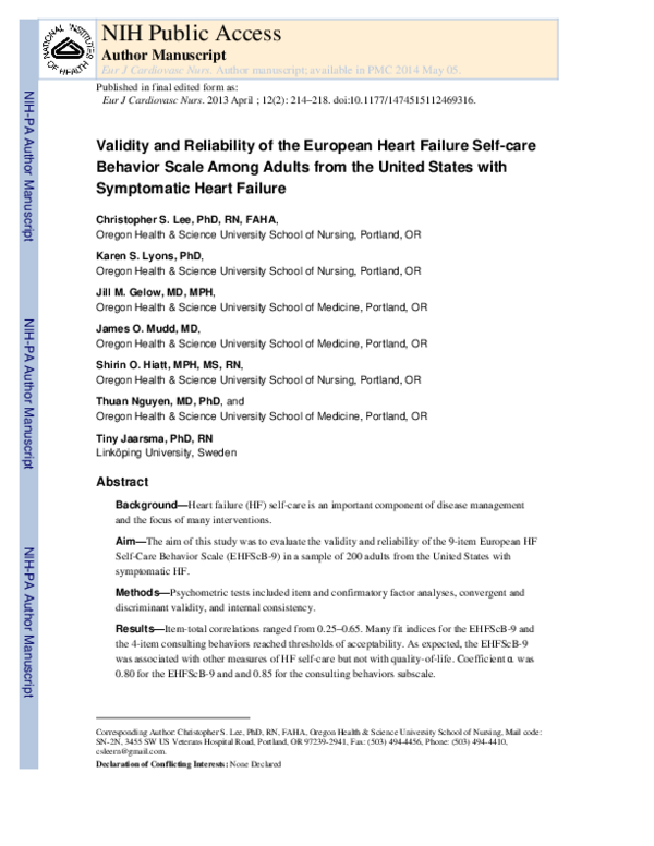 (PDF) Validity and reliability of the European Heart Failure Self-care ...
