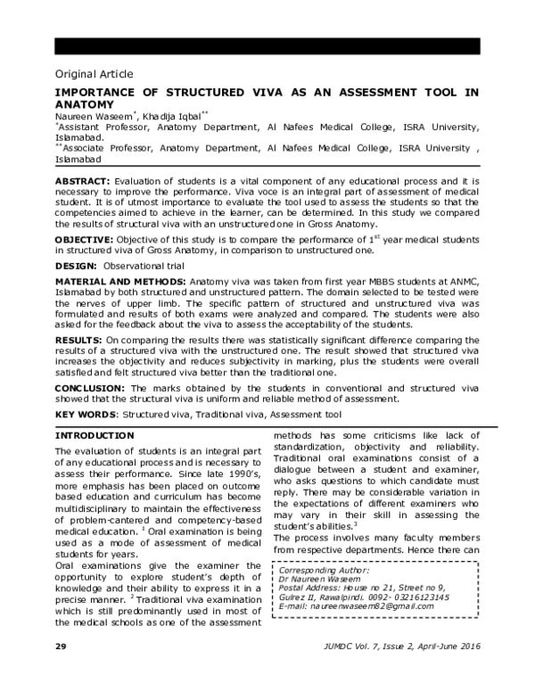 (PDF) Importance of Structured Viva as an Assessment Tool in Anatomy