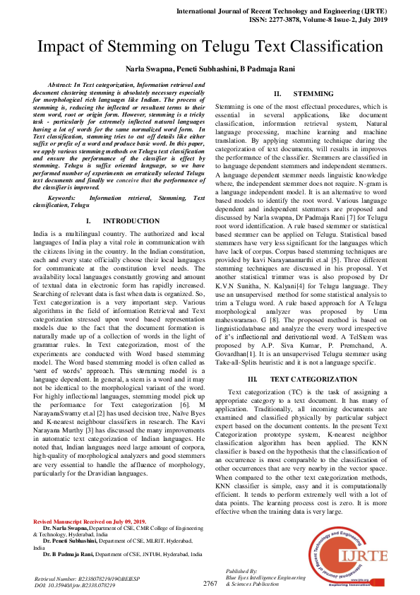 Pdf Impact Of Stemming On Telugu Text Classification