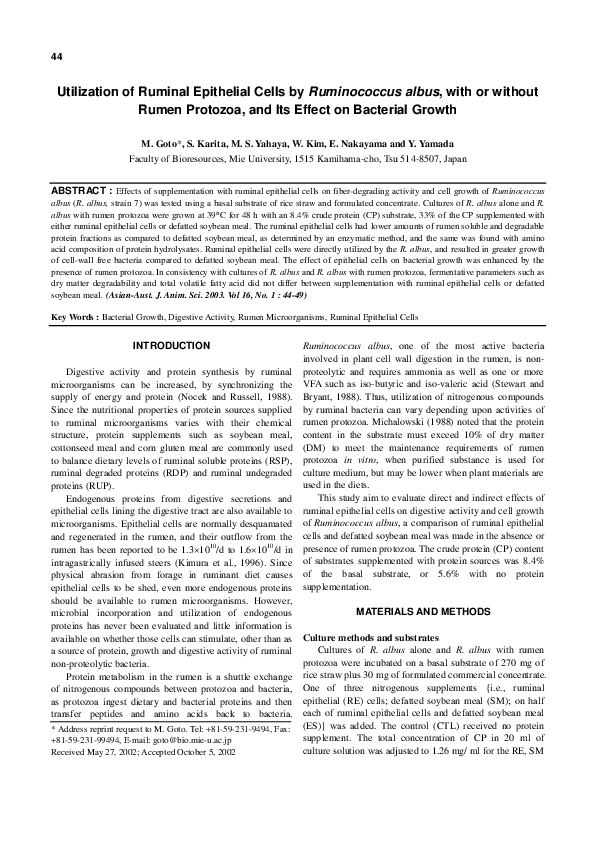 (PDF) Utilization of Ruminal Epithelial Cells by Ruminococcus albus ...