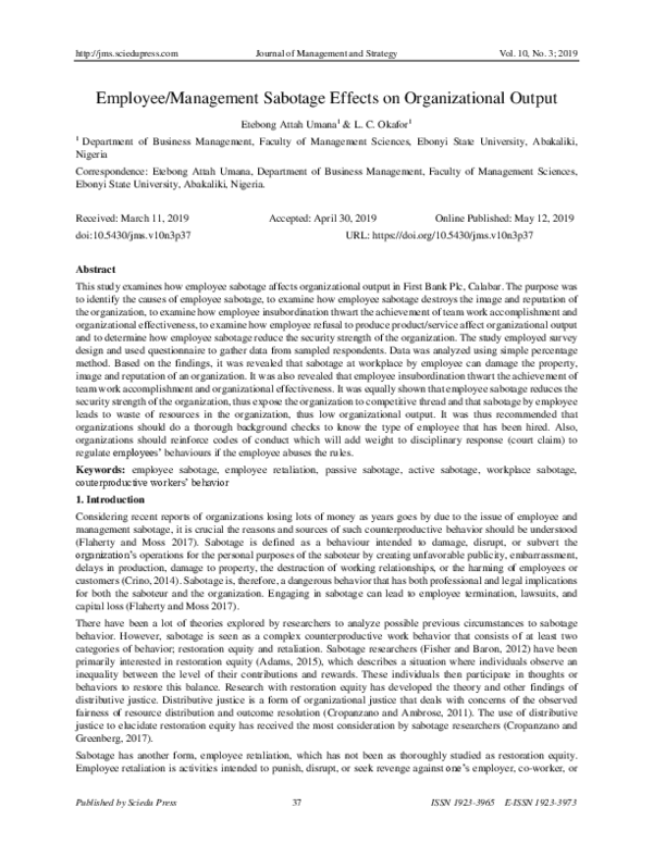 (PDF) Employee/Management Sabotage Effects on Organizational Output