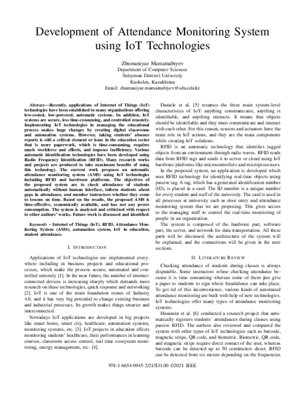 (PDF) Development of Attendance Monitoring System using IoT Technologies
