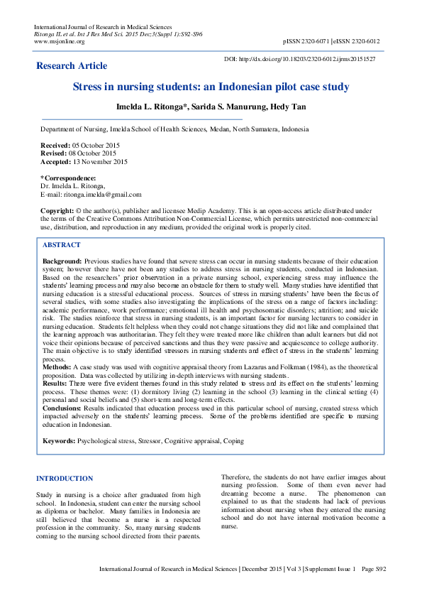 (PDF) Stress in nursing students: an Indonesian pilot case study