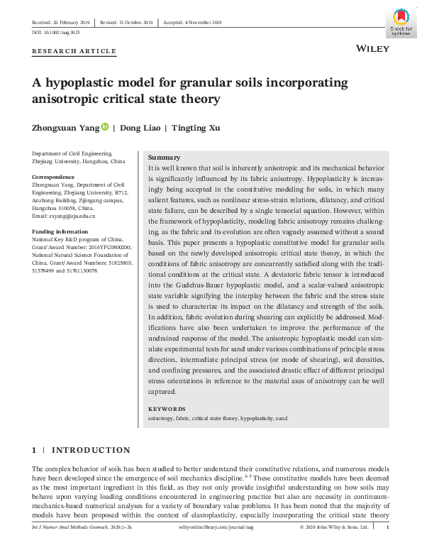 (PDF) A hypoplastic model for granular soils incorporating anisotropic critical state theory