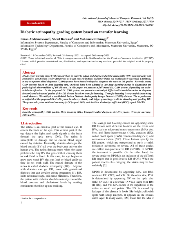 (PDF) Diabetic retinopathy grading system based on transfer learning