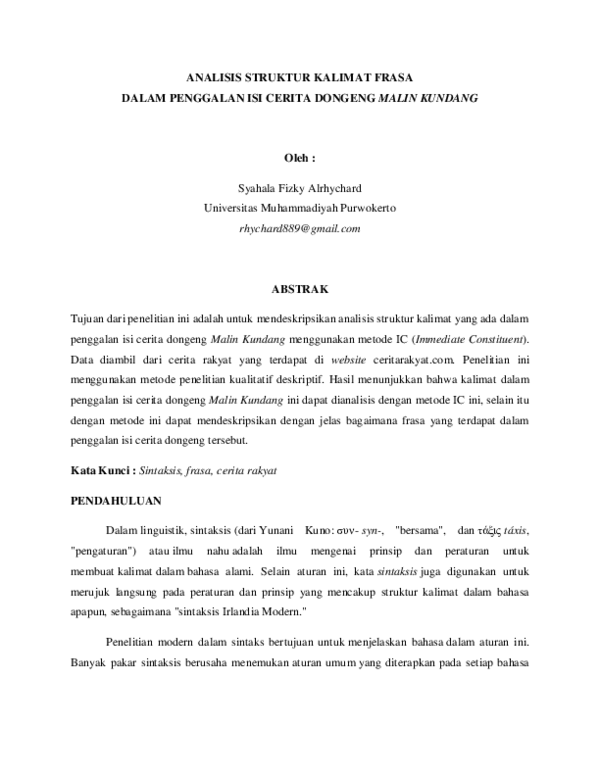 (PDF) ANALISIS STRUKTUR KALIMAT FRASA DALAM PENGGALAN ISI CERITA ...