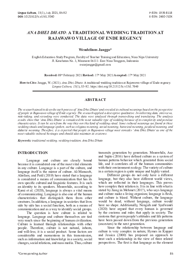 (PDF) Ana Dhei Dhato: A Traditional Wedding Tradition at Rajawawo ...