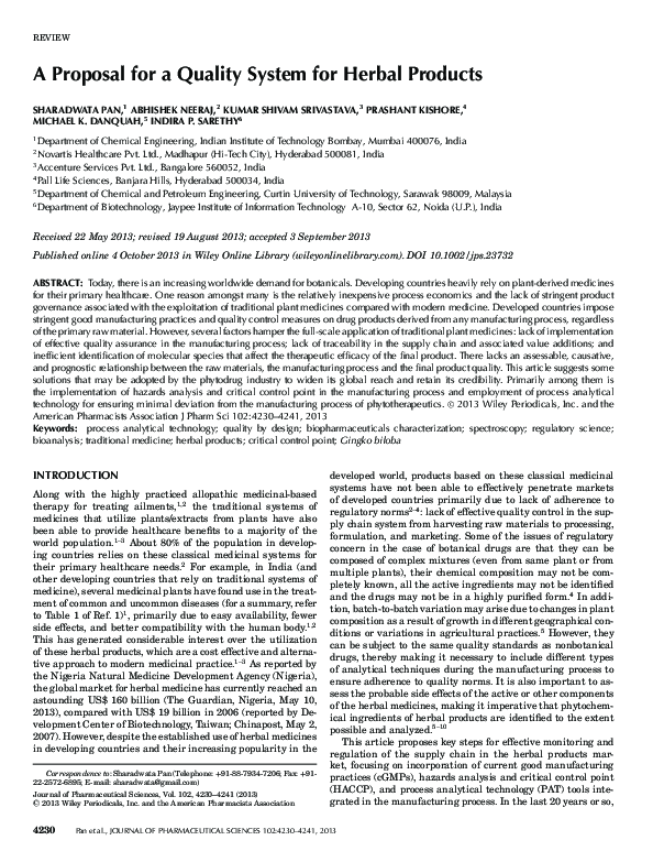 (PDF) A Proposal for a Quality System for Herbal Products