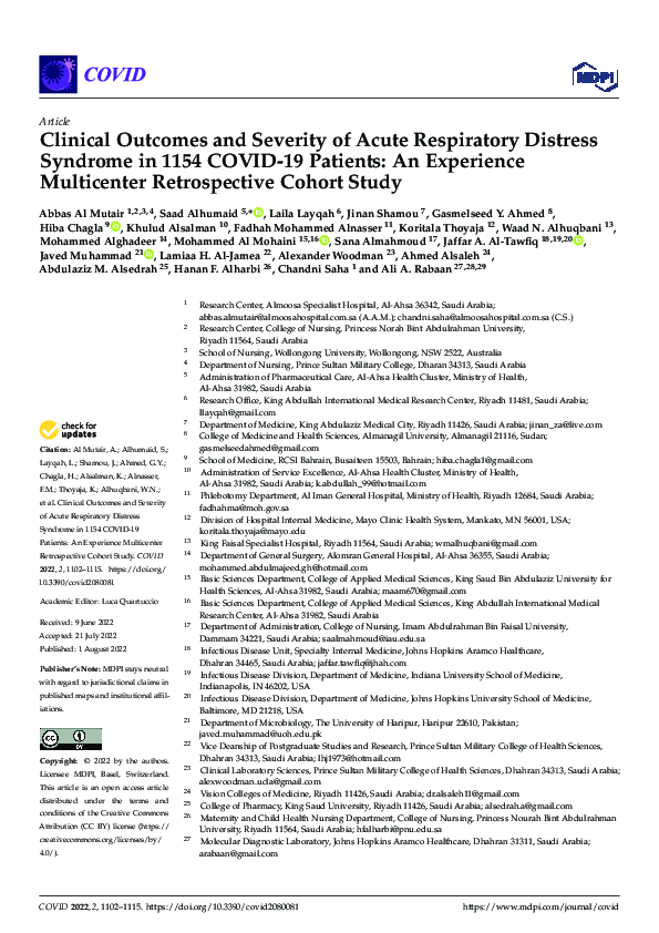 (PDF) Clinical Outcomes and Severity of Acute Respiratory Distress Syndrome in 1154 COVID-19 ...