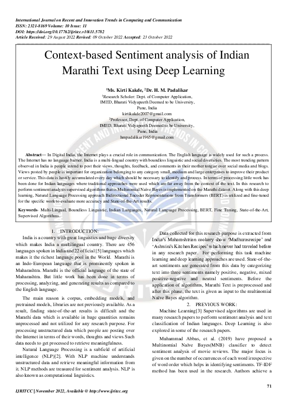 (PDF) Context-based Sentiment analysis of Indian Marathi Text using Deep Learning