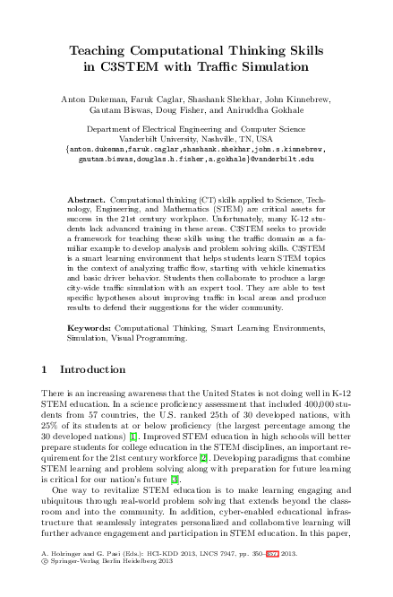 (PDF) Teaching Computational Thinking Skills in C3STEM with Traffic Simulation | Gautam Biswas ...