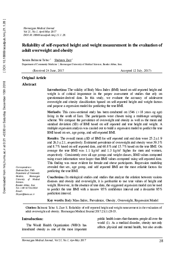 (PDF) Reliability of self-reported height and weight measurement in the ...