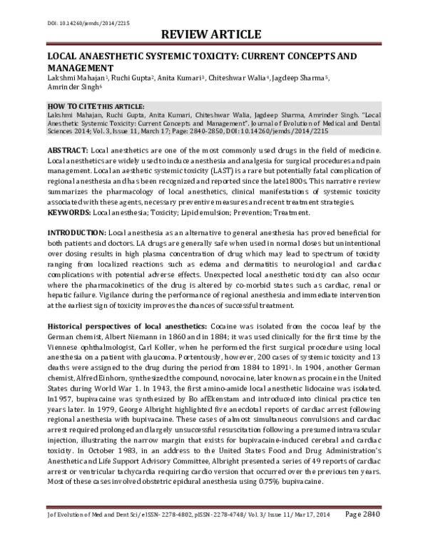 (PDF) Local Anaesthetic Systemic Toxicity: Current Concepts and Management