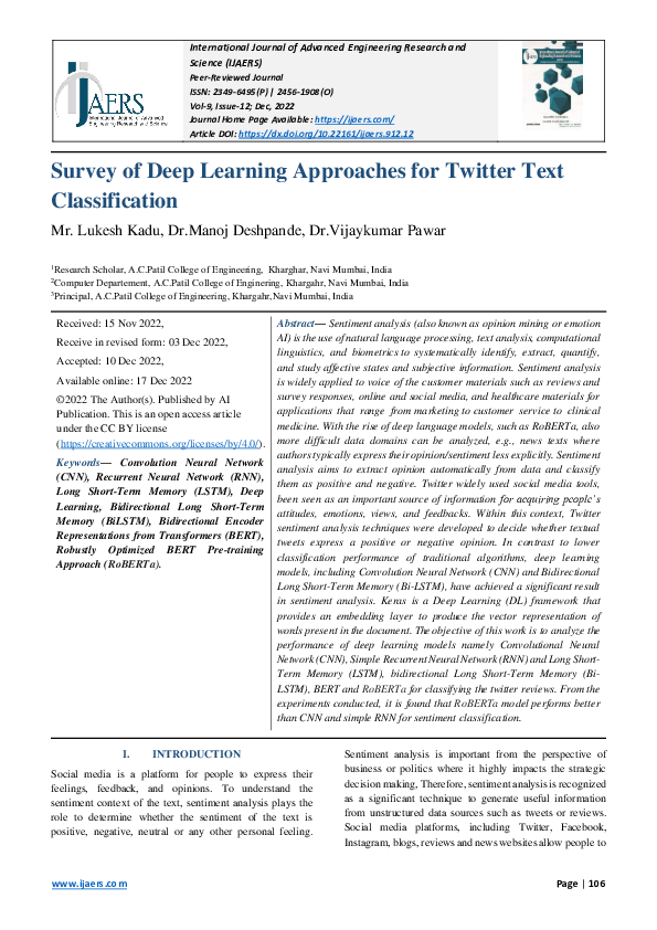 (PDF) Survey of Deep Learning Approaches for Twitter Text Classification (PDF) Survey of Deep Learning Approaches for Twitter Text Classification