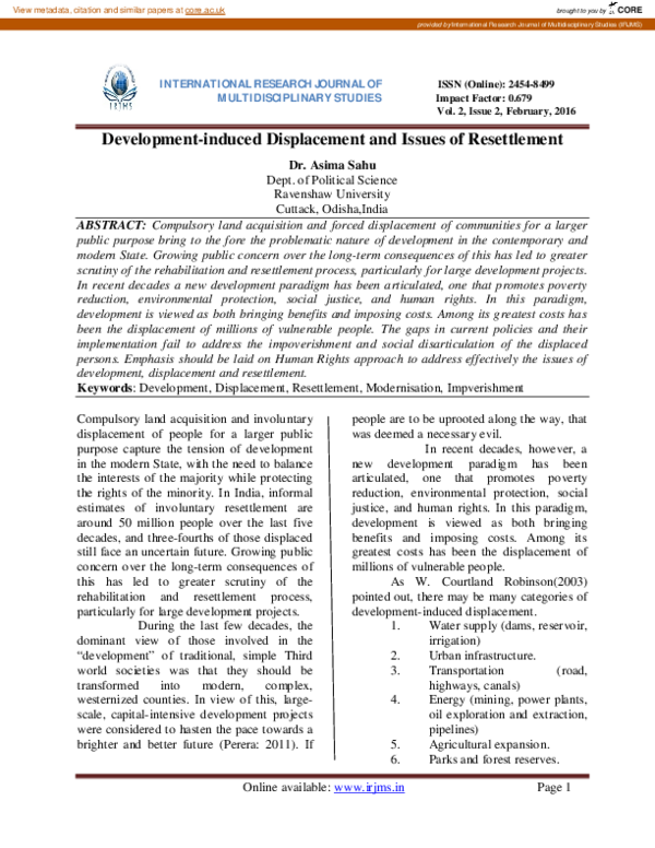 (PDF) Development-induced Displacement and Issues of Resettlement