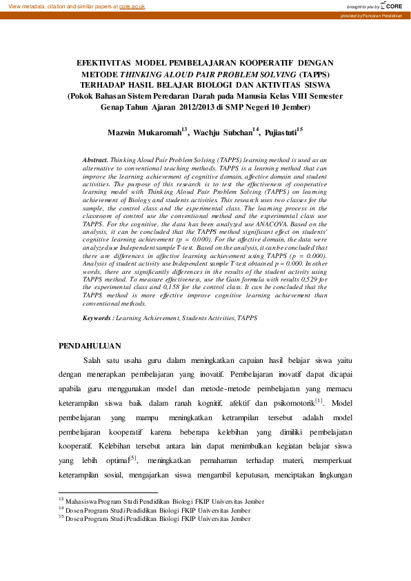 (PDF) Efektivitas Model Pembelajaran Kooperatif dengan Metode Thinking Aloud Pair Problem ...