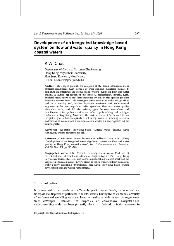 (PDF) Development of an integrated knowledge-based system on flow and water quality in Hong Kong ...