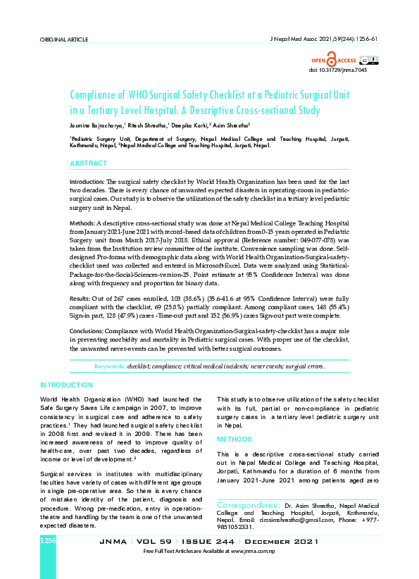 (PDF) Compliance of WHO Surgical Safety Checklist at a Pediatric ...