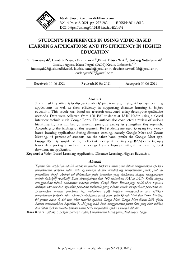 (PDF) Student's Preferences in Using Video-Based Learning Applications and Its Efficiency in ...