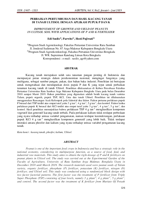 (PDF) Perbaikan Pertumbuhan dan Hasil Kacang Tanah Di Tanah Ultisol dengan Aplikasi Pupuk P dan K