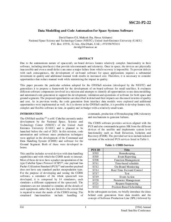 (PDF) Data Modelling and Code Automation for Space Systems Software