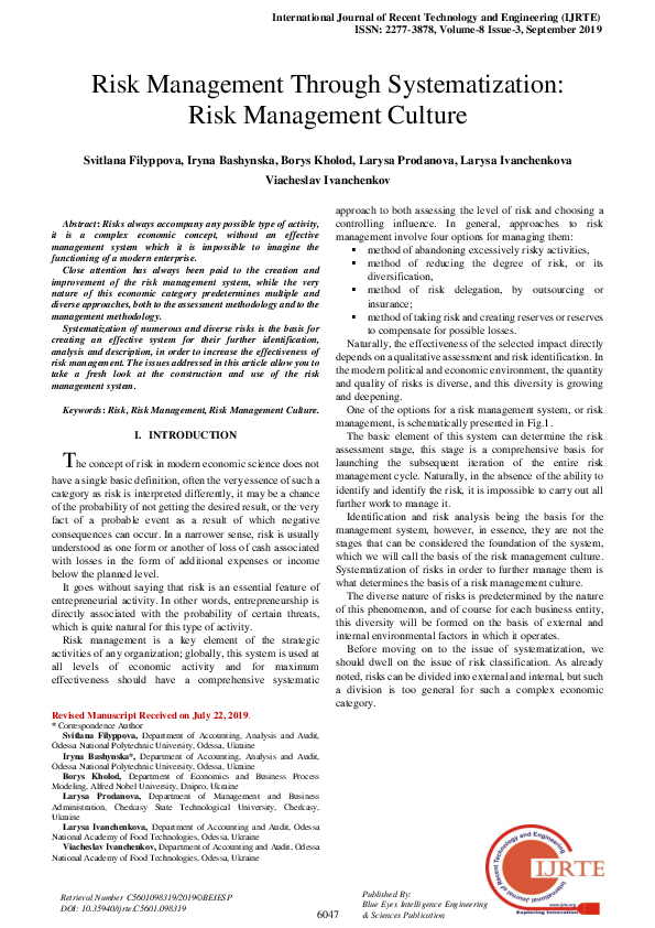 (PDF) Risk Management Through Systematization: Risk Management Culture