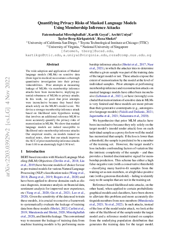 (PDF) Quantifying Privacy Risks of Masked Language Models Using Membership Inference Attacks