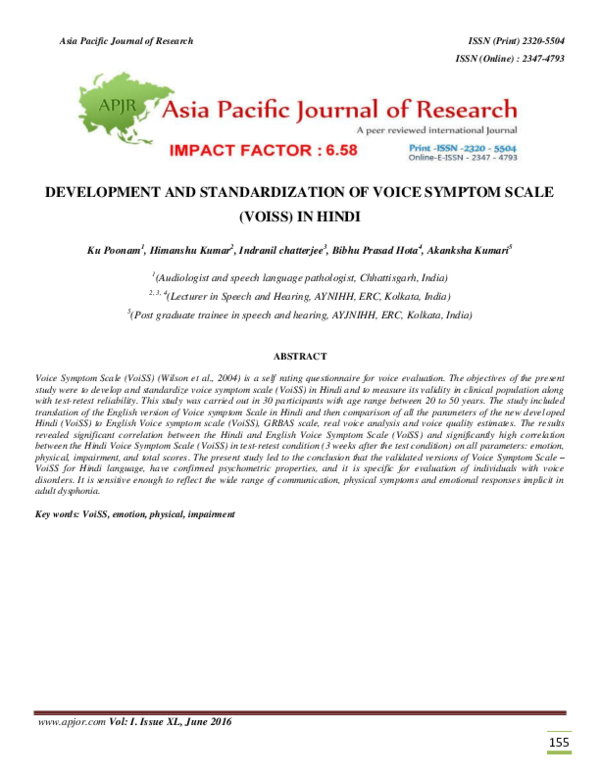 (PDF) Development and Standardization of Voice Symptom Scale ( Voiss ...
