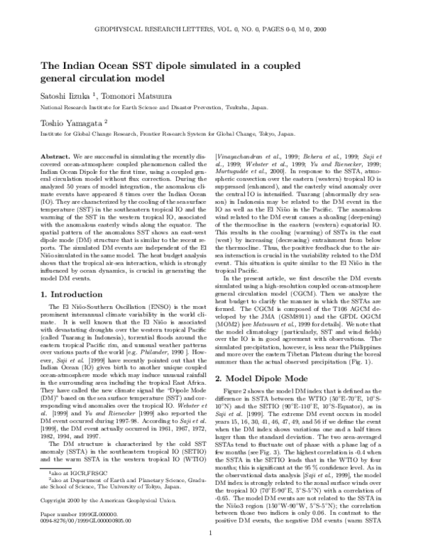 (PDF) The Indian Ocean SST dipole simulated in a coupled general ...