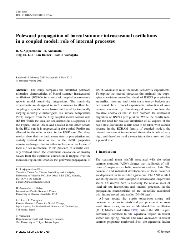 (PDF) Poleward propagation of boreal summer intraseasonal oscillations ...