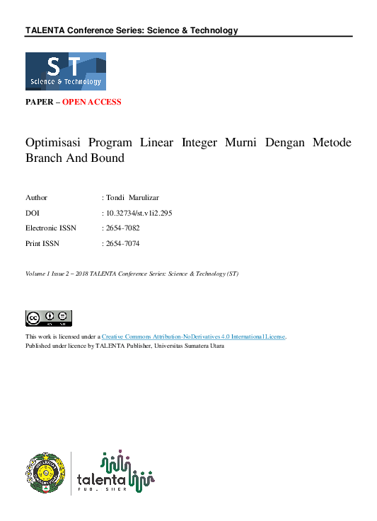 Pdf Optimisasi Program Linear Integer Murni Dengan Metode Branch And