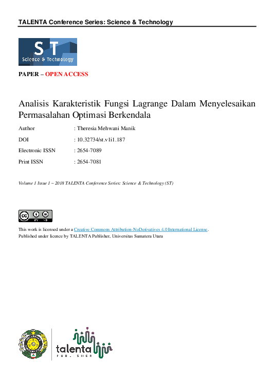 (PDF) Analisis Karakteristik Fungsi Lagrange Dalam Menyelesaikan Permasalahan Optimasi Berkendala