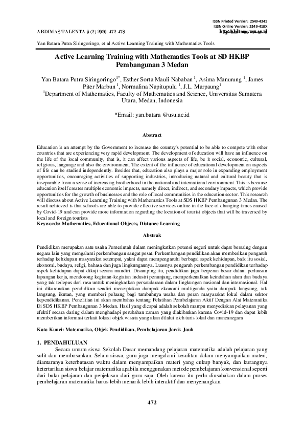 (PDF) Active Learning Training with Mathematics Tools at SD HKBP Pembangunan 3 Medan