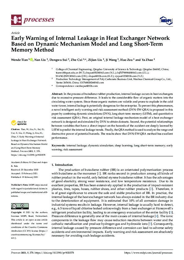 (PDF) Early Warning of Internal Leakage in Heat Exchanger Network Based on Dynamic Mechanism ...