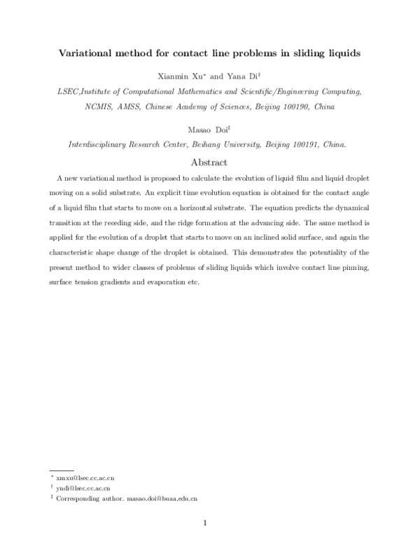 Pdf Variational Method For Contact Line Problems In Sliding Liquids