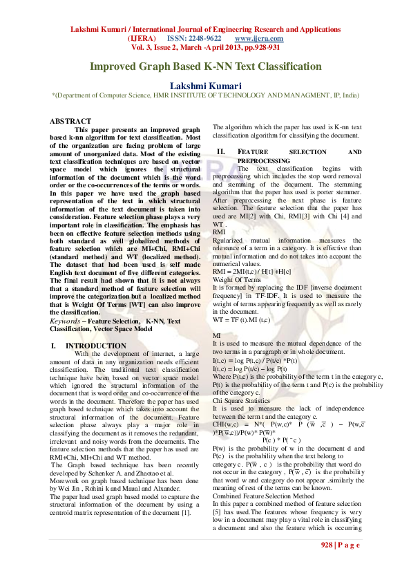 Pdf Improved Graph Based K Nn Text Classification 
