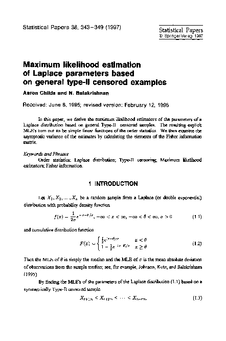 Pdf Maximum Likelihood Estimation Of Laplace Parameters Based On General Type Ii Censored Examples