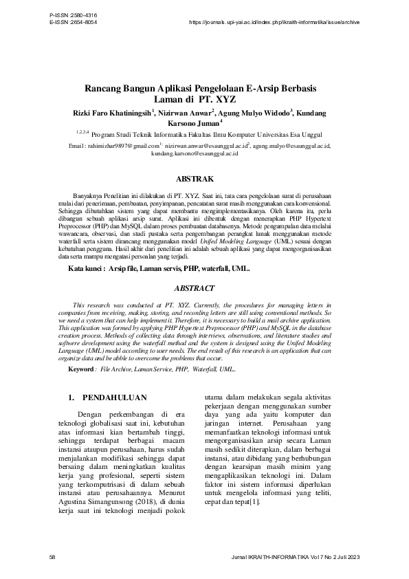 (PDF) Rancang Bangun Aplikasi Pengelolaan E-Arsip Berbasis Laman di PT. XYZ