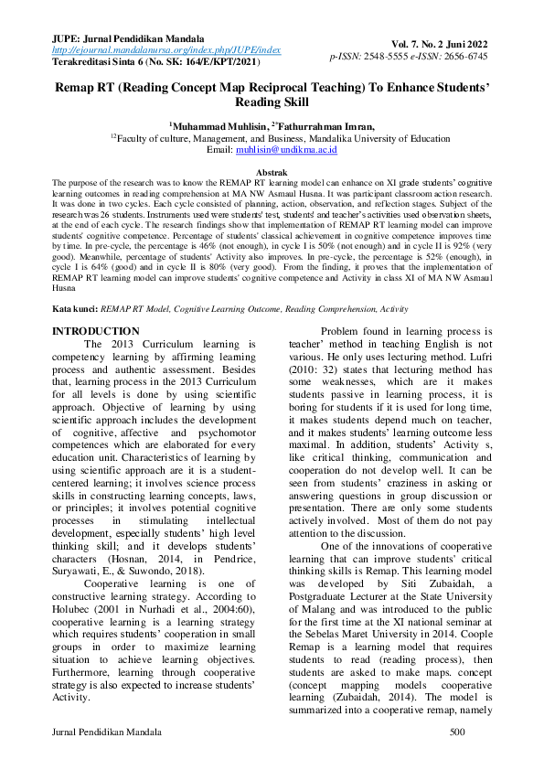 (PDF) Remap Rt (Reading Concept Map Reciprocal Teaching) To Enhance Students’ Reading Skill ...