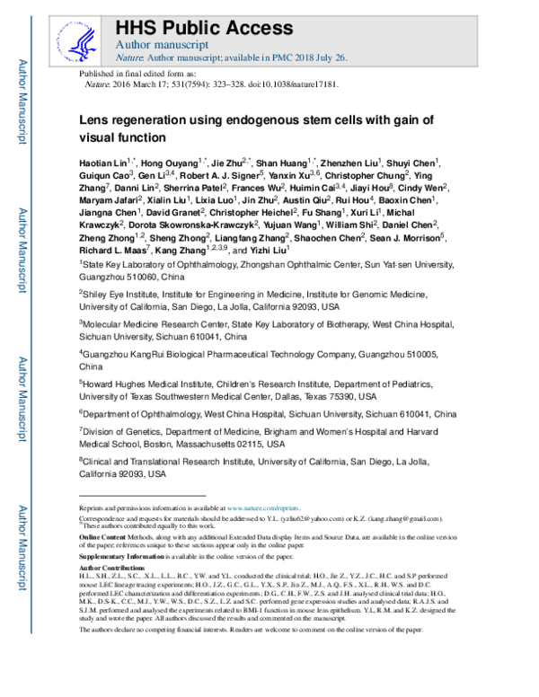 (PDF) Lens regeneration using endogenous stem cells with gain of visual ...