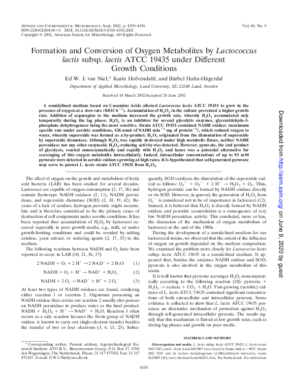 Pdf Formation And Conversion Of Oxygen Metabolites By Lactococcus Lactis Subsp Lactis Atcc