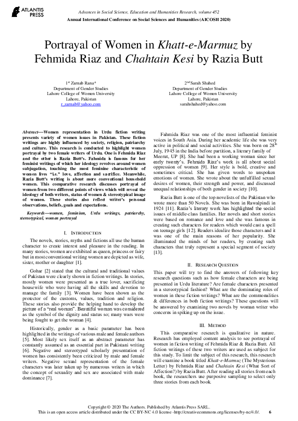 (PDF) Portrayal of Women in Khatt-e-Marmuz by Fehmida Riaz and Chahtain Kesi by Razia Butt