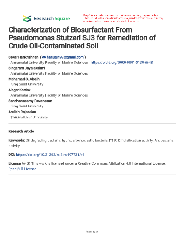 (PDF) Characterization of Biosurfactant From Pseudomonas Stutzeri SJ3 ...
