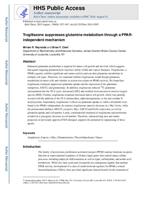 (PDF) Troglitazone suppresses glutamine metabolism through a PPAR ...
