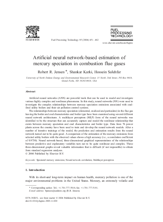 (PDF) Artificial neural network-based estimation of mercury speciation in combustion flue gases ...