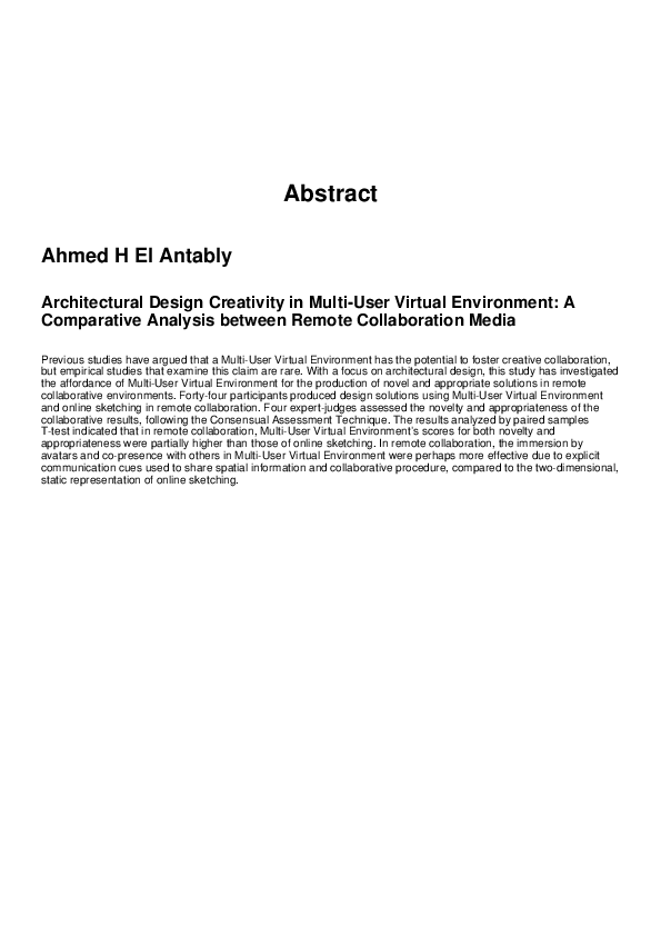 (PDF) Architectural design creativity in Multi-User Virtual Environment ...