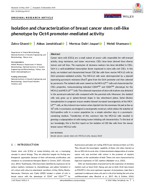 (PDF) Isolation and characterization of breast cancer stem cell‐like ...