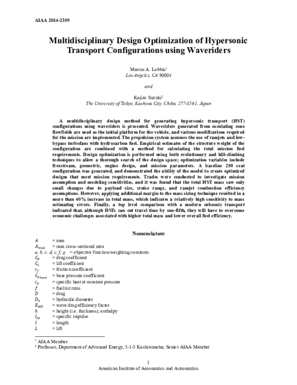 (PDF) Multidisciplinary Design Optimization of Hypersonic Transport Configurations using Waveriders